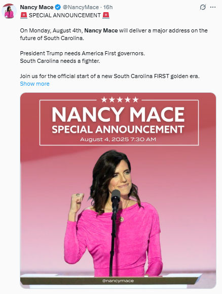 Nancy Mace’s Big Governor Announcement on Aug 4: A New Golden Era for ...